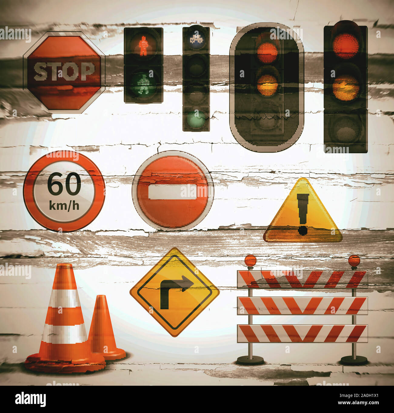Traffic signs, wood background, texture Stock Photo - Alamy