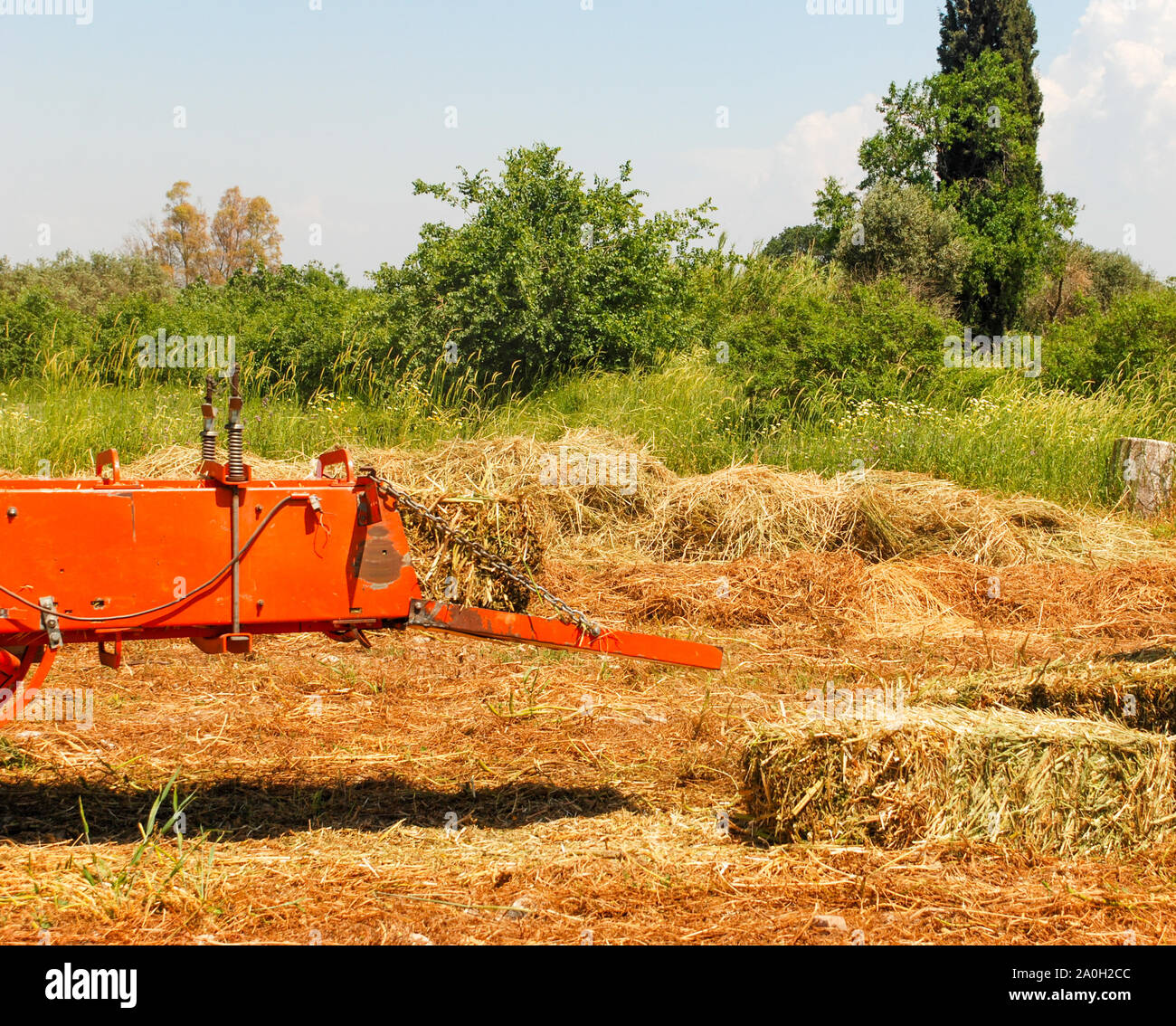 Farmers Baling hay in field with machine at Agriculture plant ...