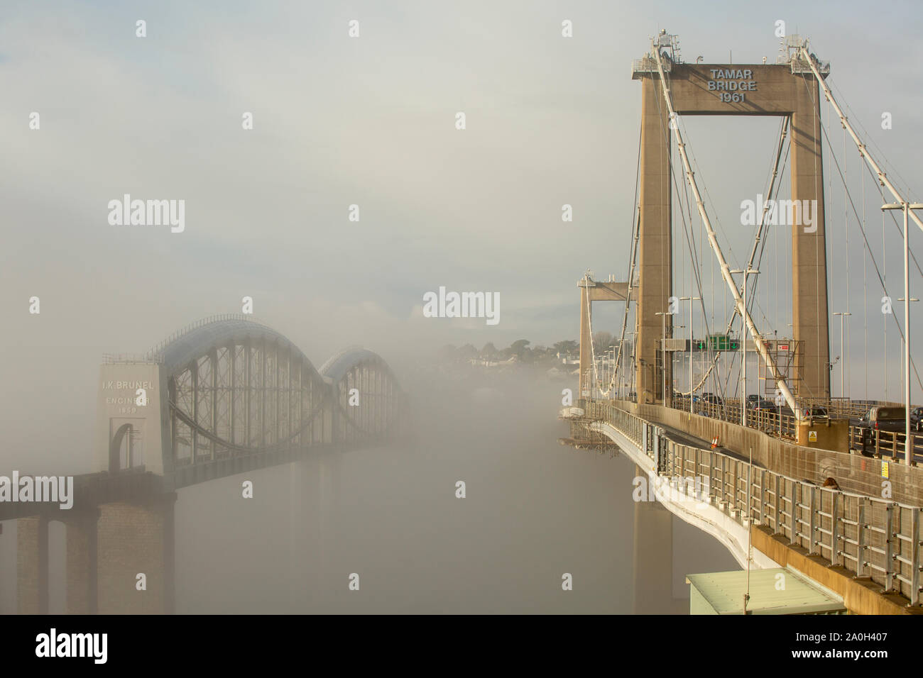 Tamar Bridge and Prince Albert bridge Devon & Cornwall in mist and fog ...