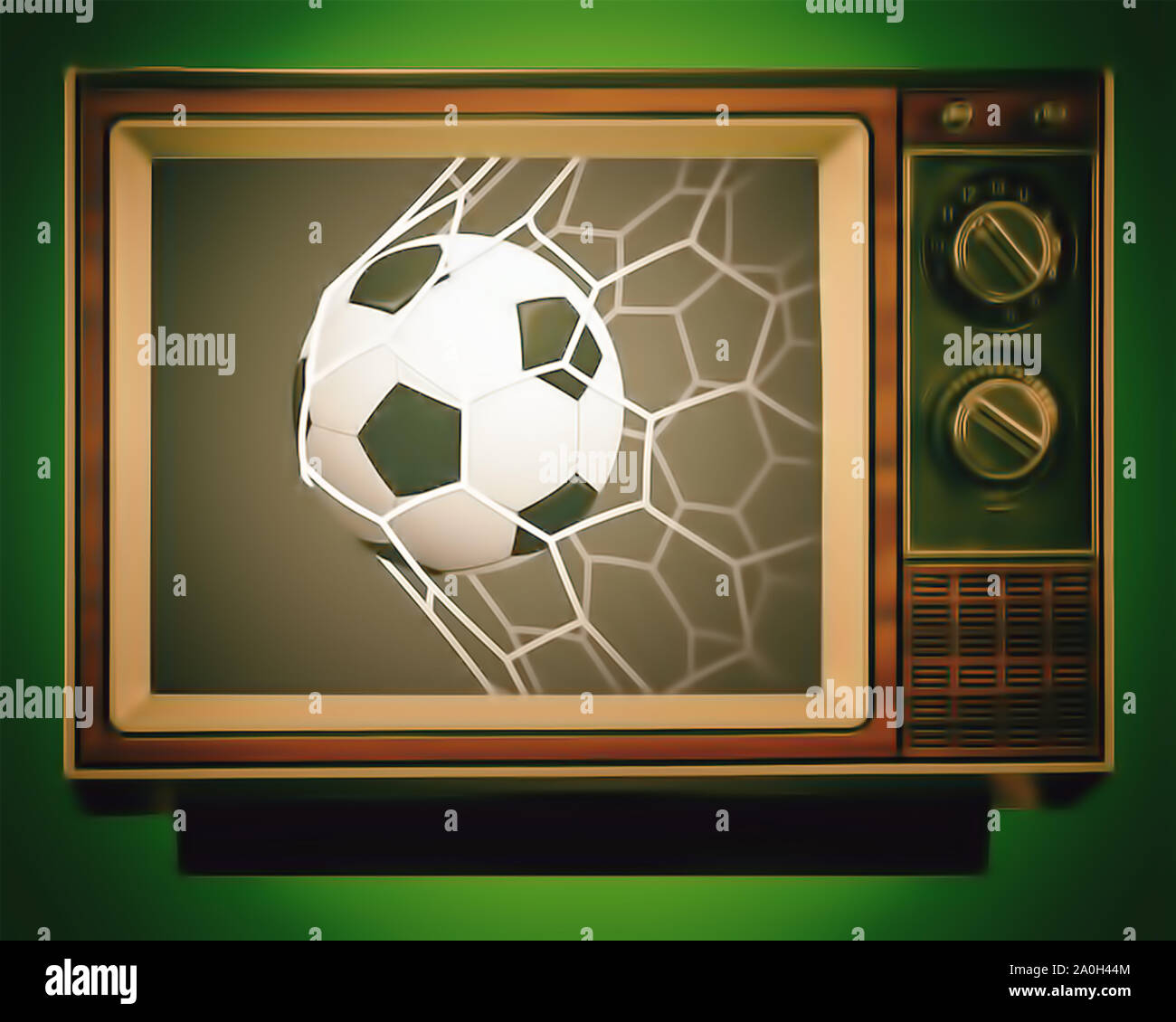 Old television and ball in the net, black and white picture, background ...