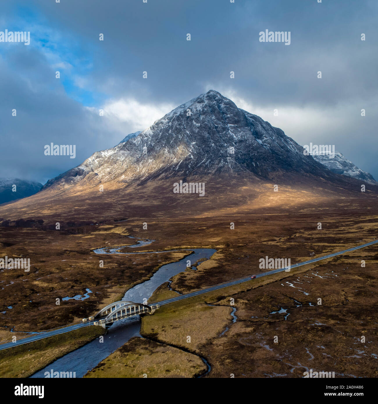 Aerial view of buachaille etive mor in Glencoe Scotland and the A82 ...
