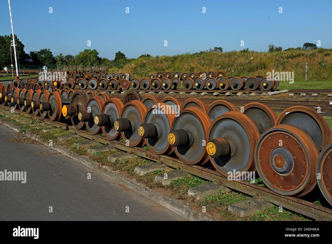 Rows of spare wheelsets for DMU trains and coaches lined up in storage ...