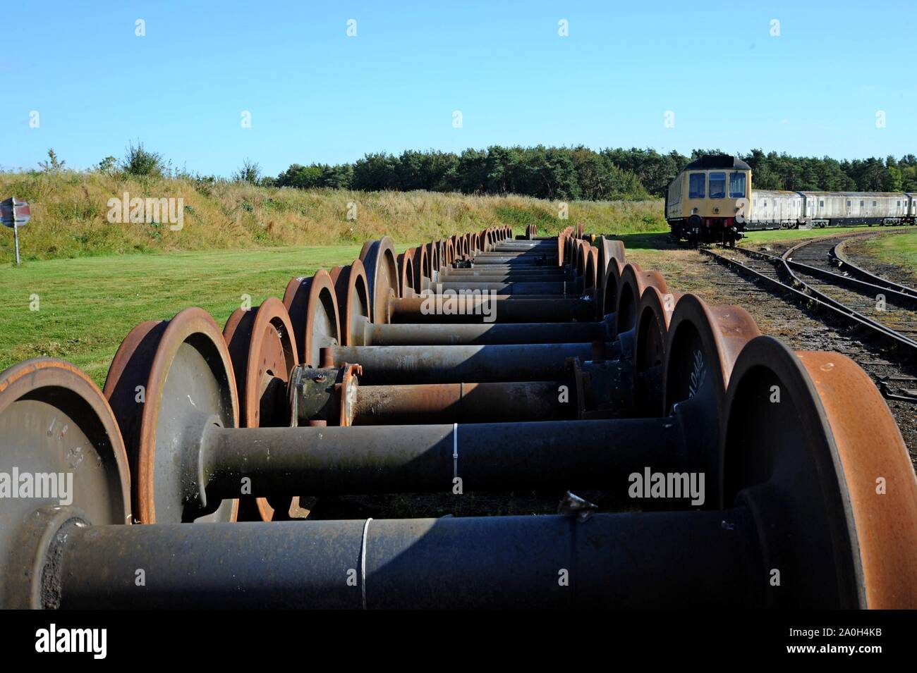 Rows of spare wheelsets for DMU trains and coaches lined up in storage ...