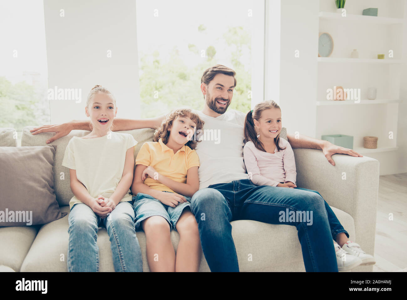 Sweet moments concept. Photo of relaxing, rest, chill family in ...