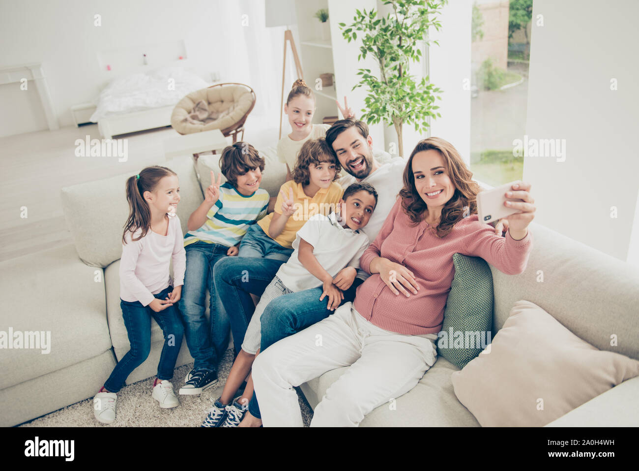 Happy family of seven people rest, relax, chill and make photo on ...