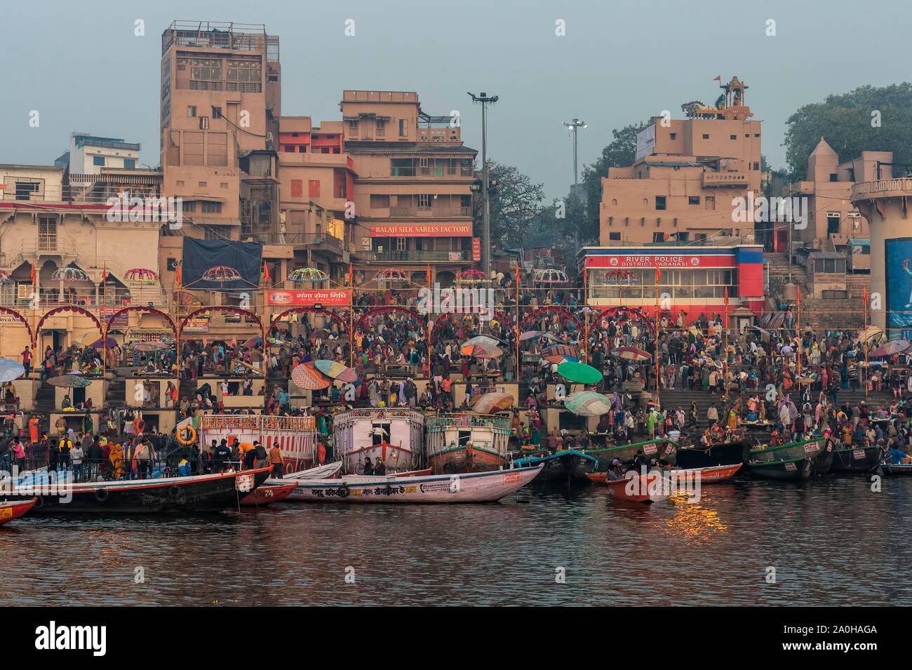 Crowd of people at Dashashwamedh Ghat, Varanasi, Uttar Pradesh, India ...