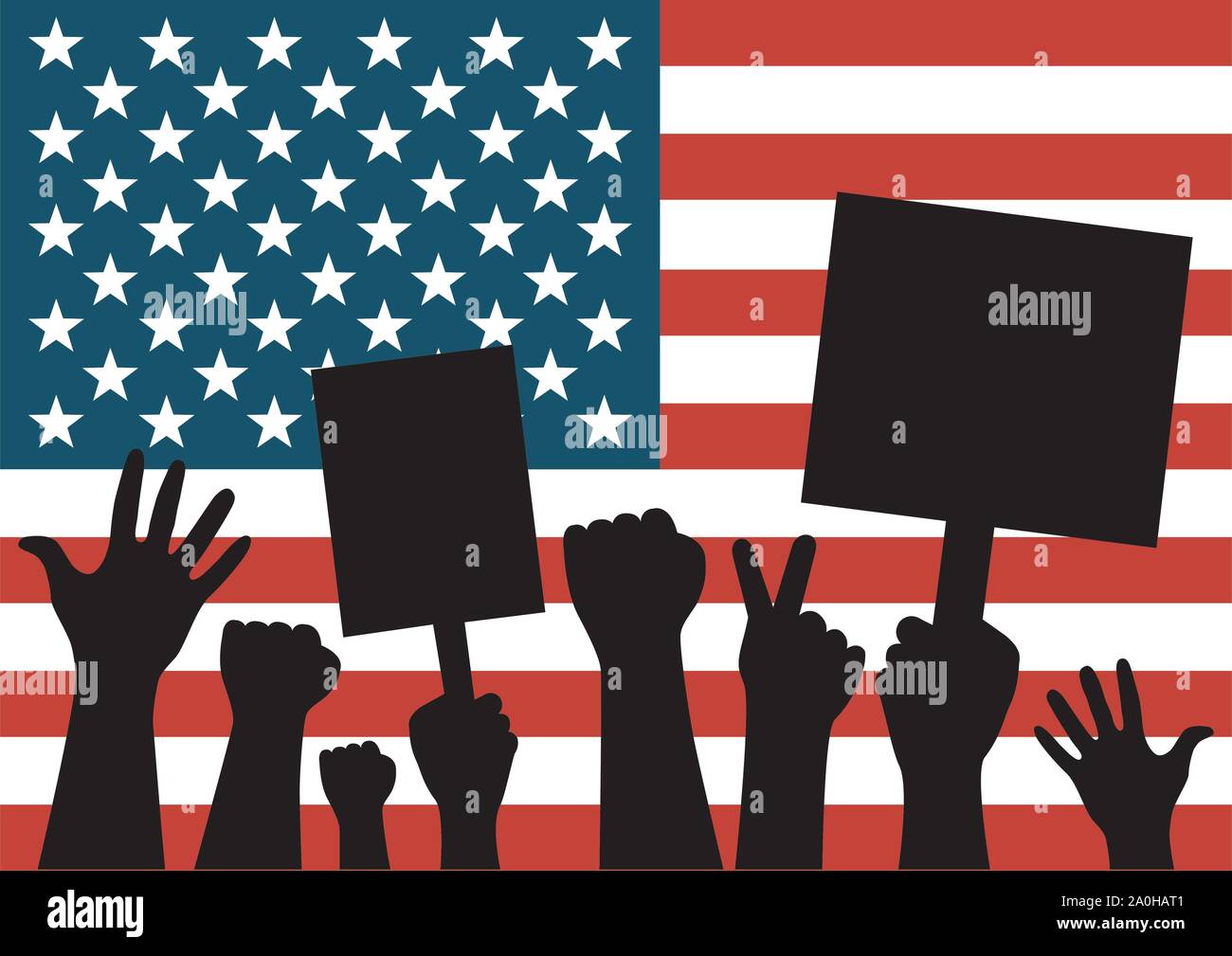 Protesters as silhouettes demonstrating in front of big American flag ...