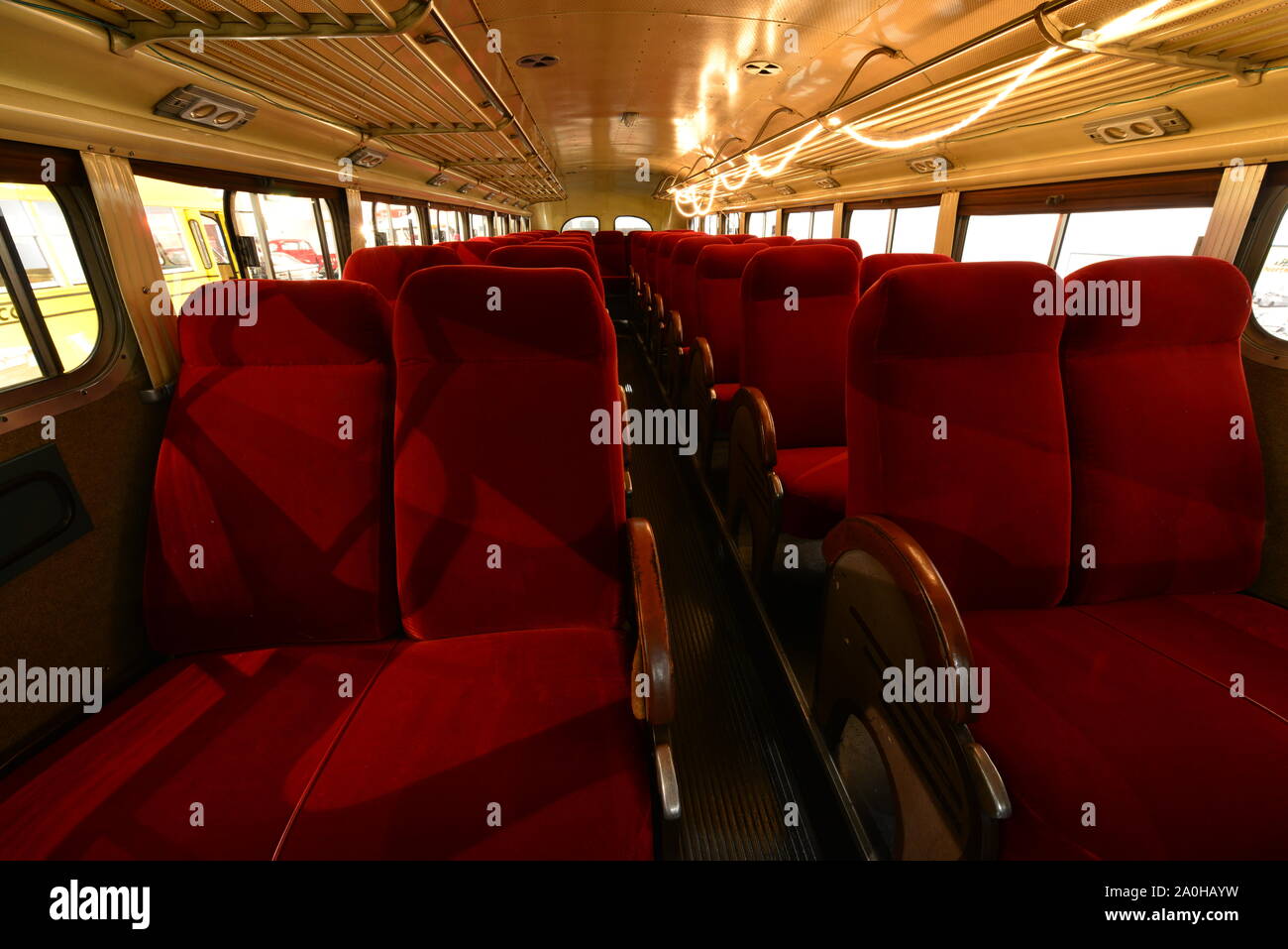 A vintage American bus interior Stock Photo - Alamy