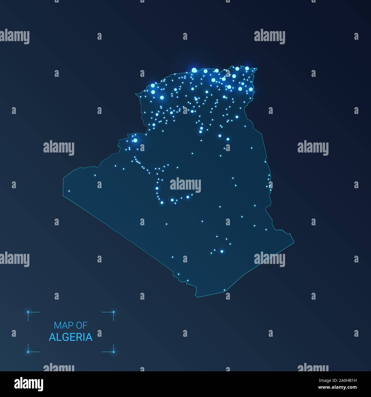 Algeria map with cities. Luminous dots - neon lights on dark background ...