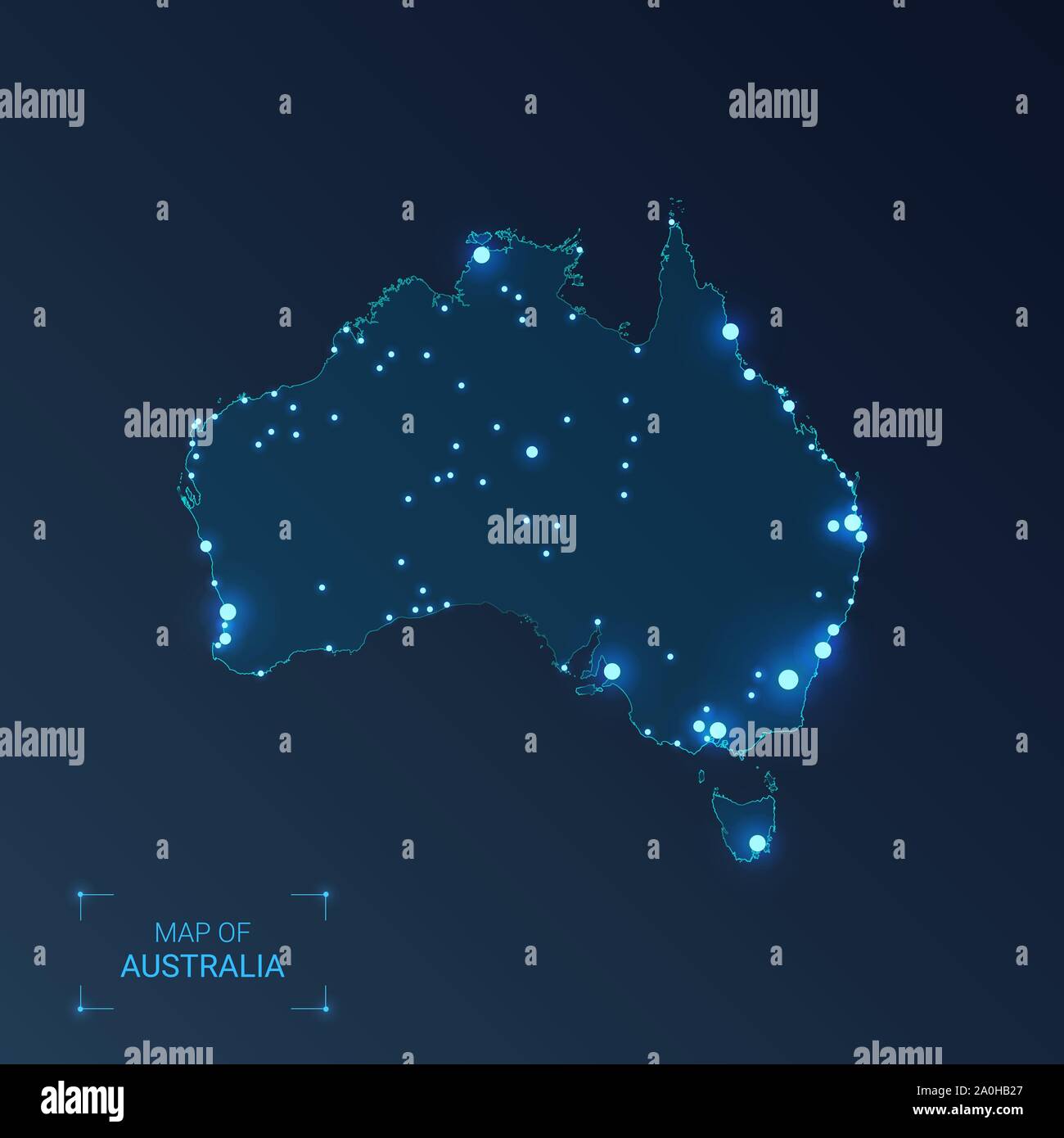 Australia map with cities. Luminous dots - neon lights on dark ...