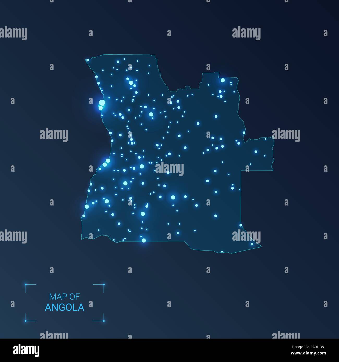 Angola map with cities. Luminous dots - neon lights on dark background ...