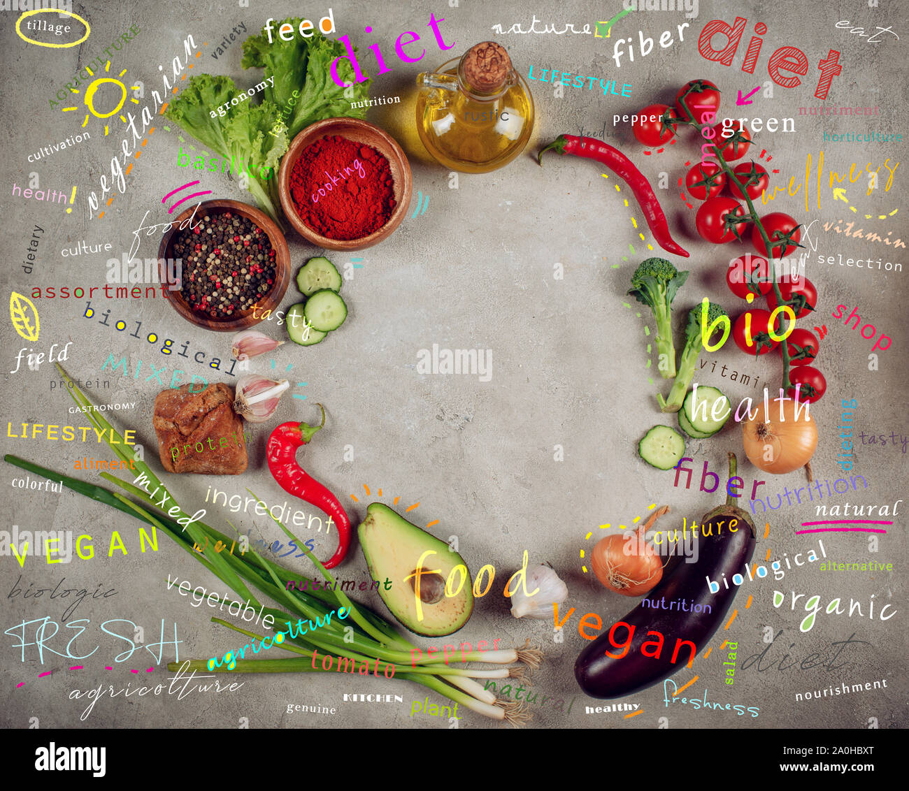 Healthy background of vegetable. Concept of genuine food. Colorful text ...