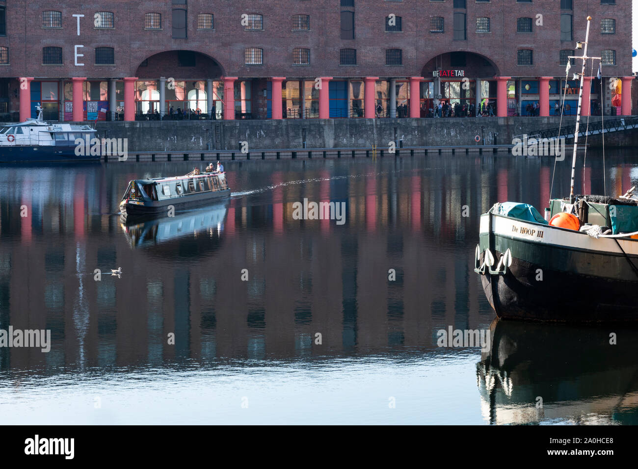 Small floating barge in Albert Dock, Liverpool, England, UK Stock Photo ...
