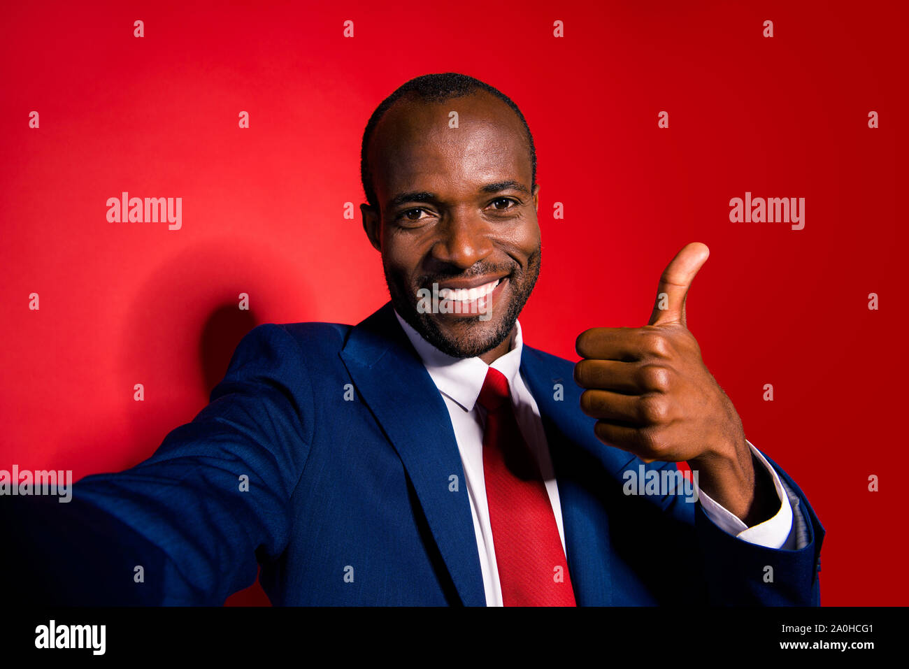 Confident nice glad chic cool positive worker in suit style blue jacket ...
