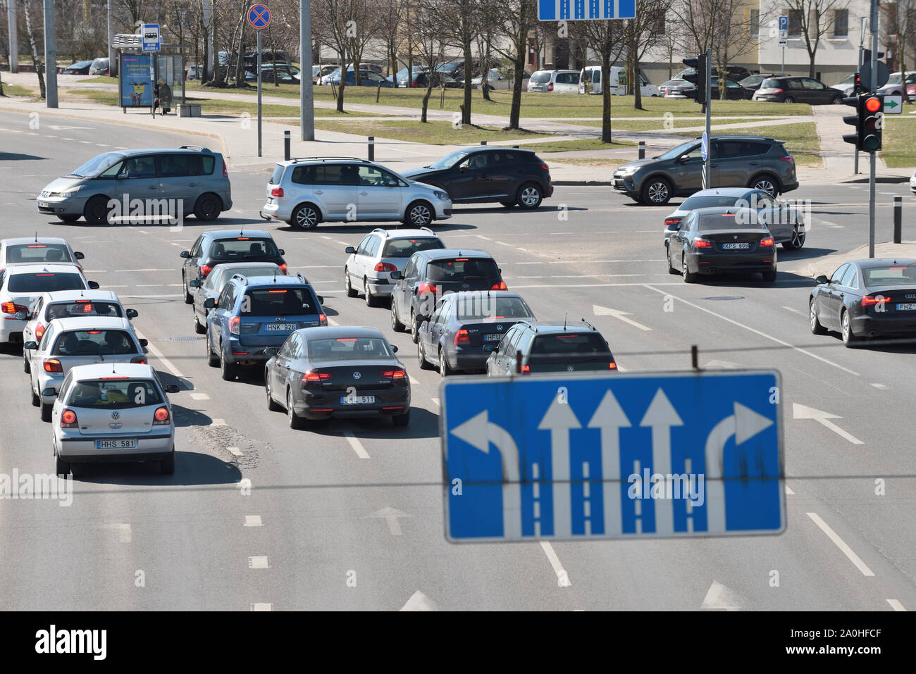 Vilnius, Lithuania - April 02: Traffic, cars on highway road in Vilnius ...