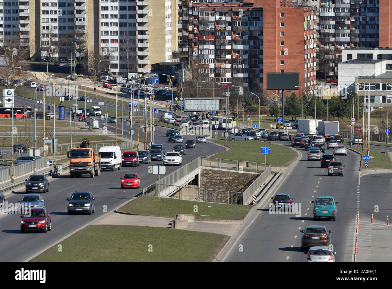 Vilnius, Lithuania - April 02: Traffic, cars on highway road in Vilnius ...