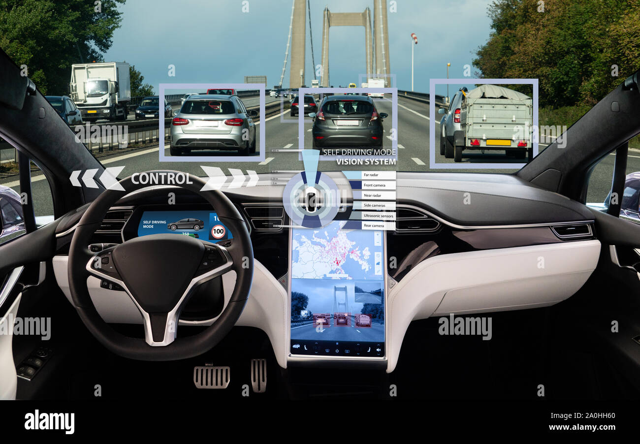 Self driving car on a road. Autonomous vehicle. Inside view Stock Photo ...