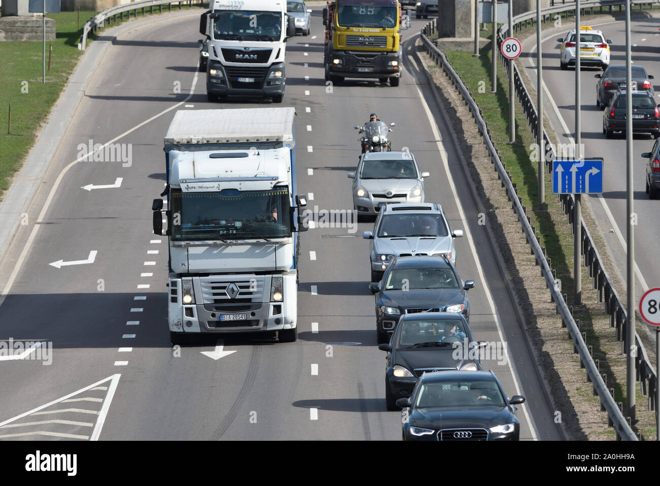 Vilnius, Lithuania - April 18: Traffic, cars on highway road in Vilnius ...