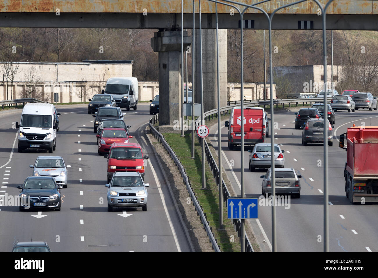 Vilnius, Lithuania - April 18: Traffic, cars on highway road in Vilnius ...