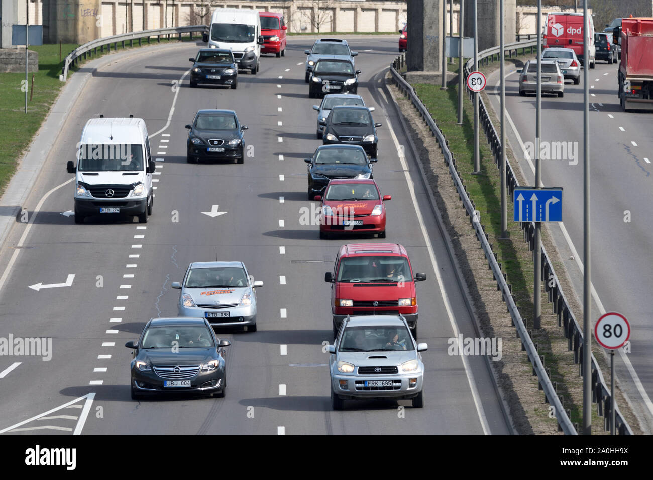 Vilnius, Lithuania - April 18: Traffic, cars on highway road in Vilnius ...