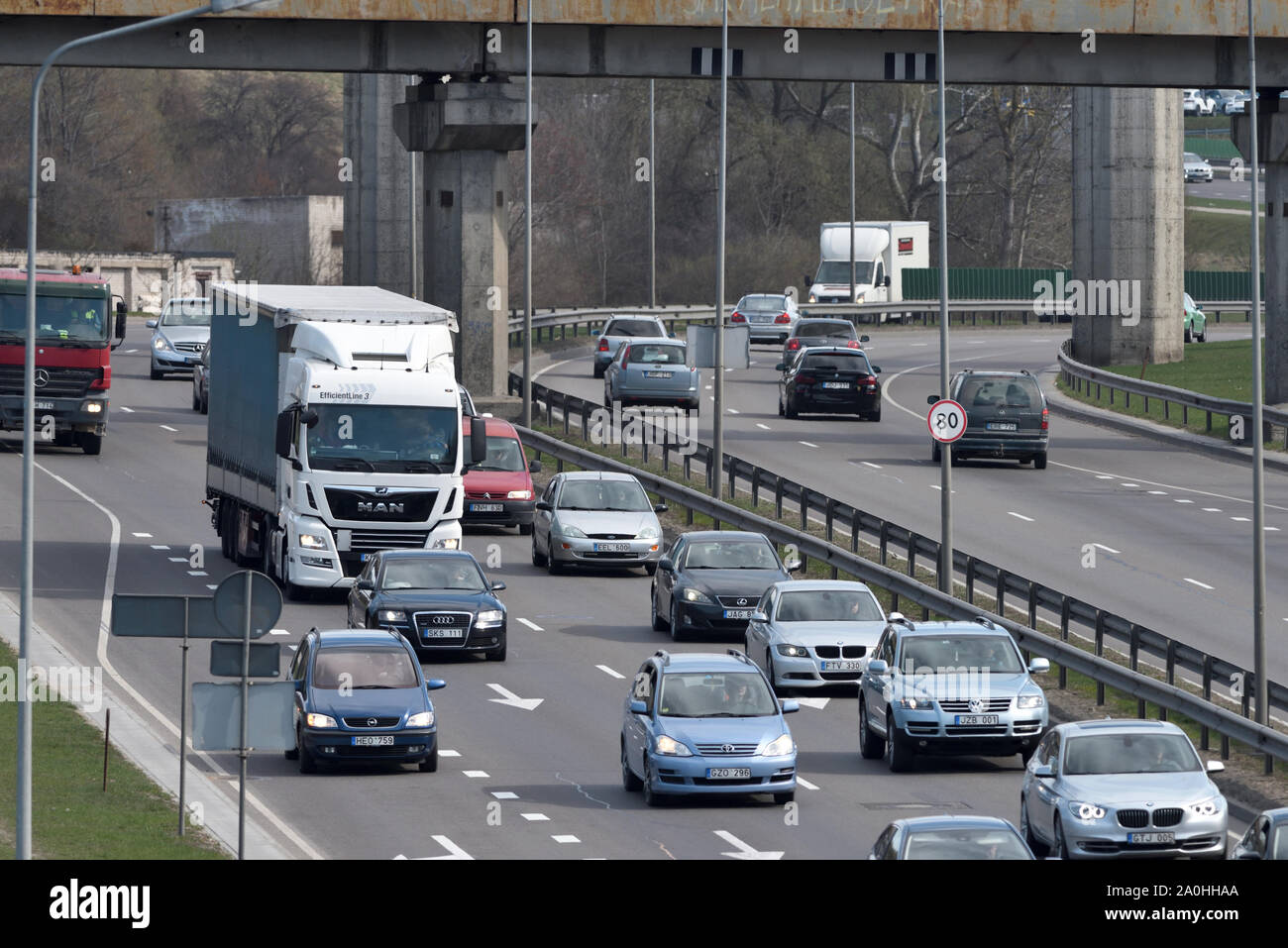 Vilnius, Lithuania - April 18: Traffic, cars on highway road in Vilnius ...