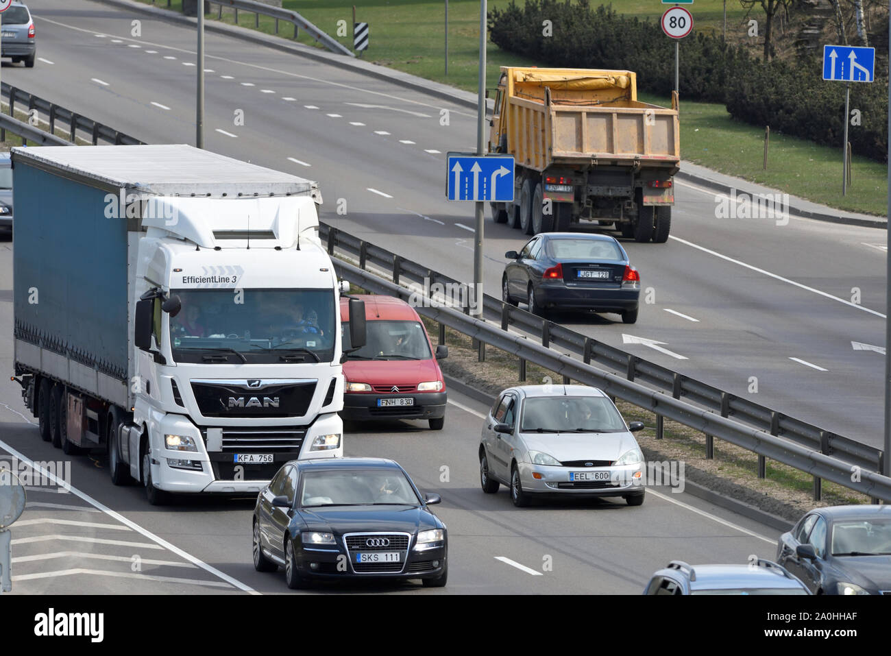 Vilnius, Lithuania - April 18: Traffic, cars on highway road in Vilnius ...