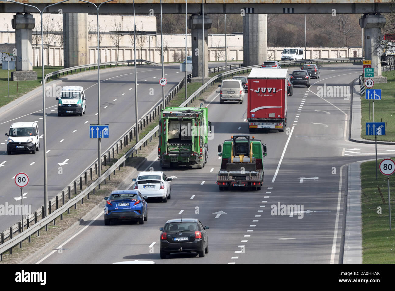 Vilnius, Lithuania - April 18: Traffic, cars on highway road in Vilnius ...