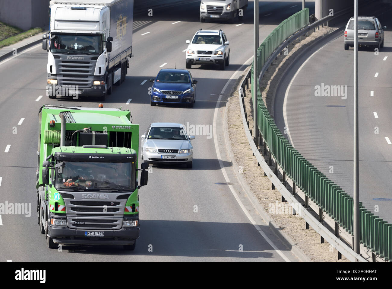 Vilnius, Lithuania - April 18: Traffic, cars on highway road in Vilnius ...