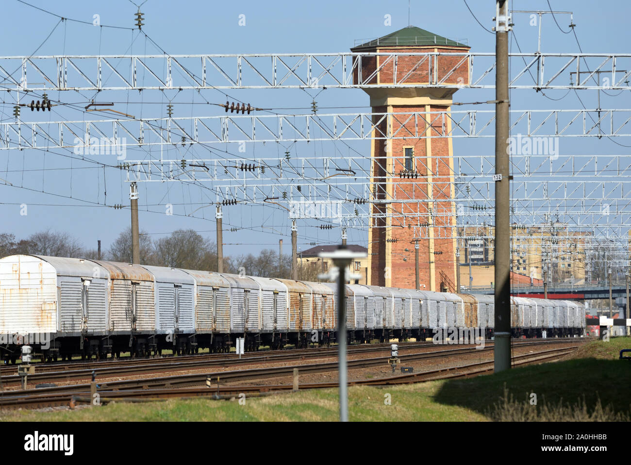 Railroad landscape with water tower in the Vilnius, Lithuania Stock ...