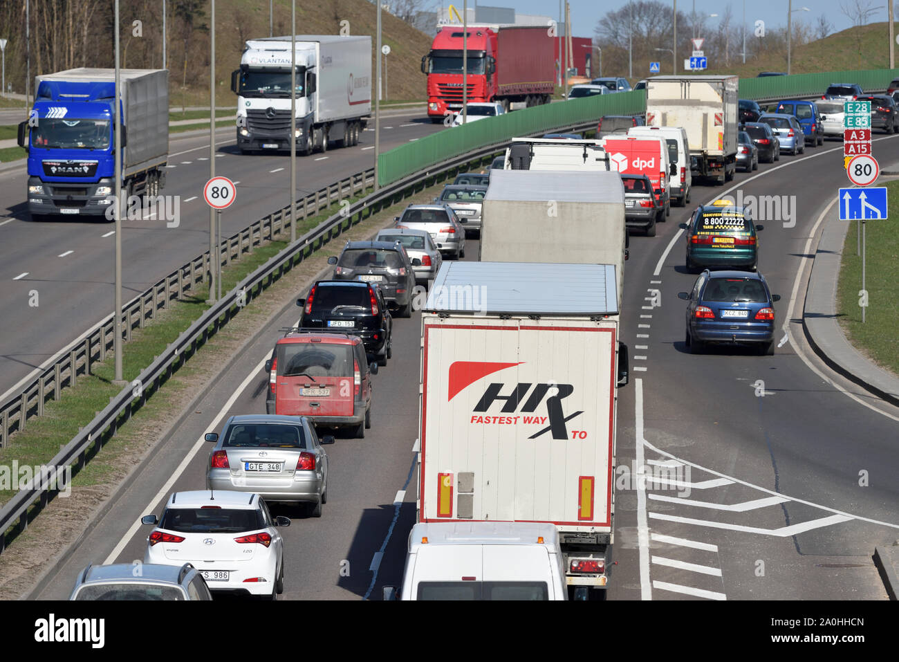 Vilnius, Lithuania - April 18: Traffic, cars on highway road in Vilnius ...