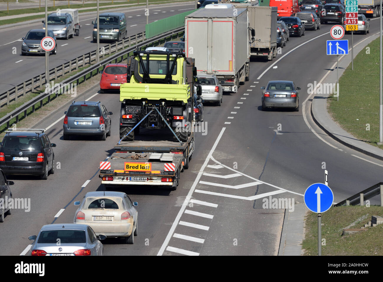 Vilnius, Lithuania - April 18: Traffic, cars on highway road in Vilnius ...