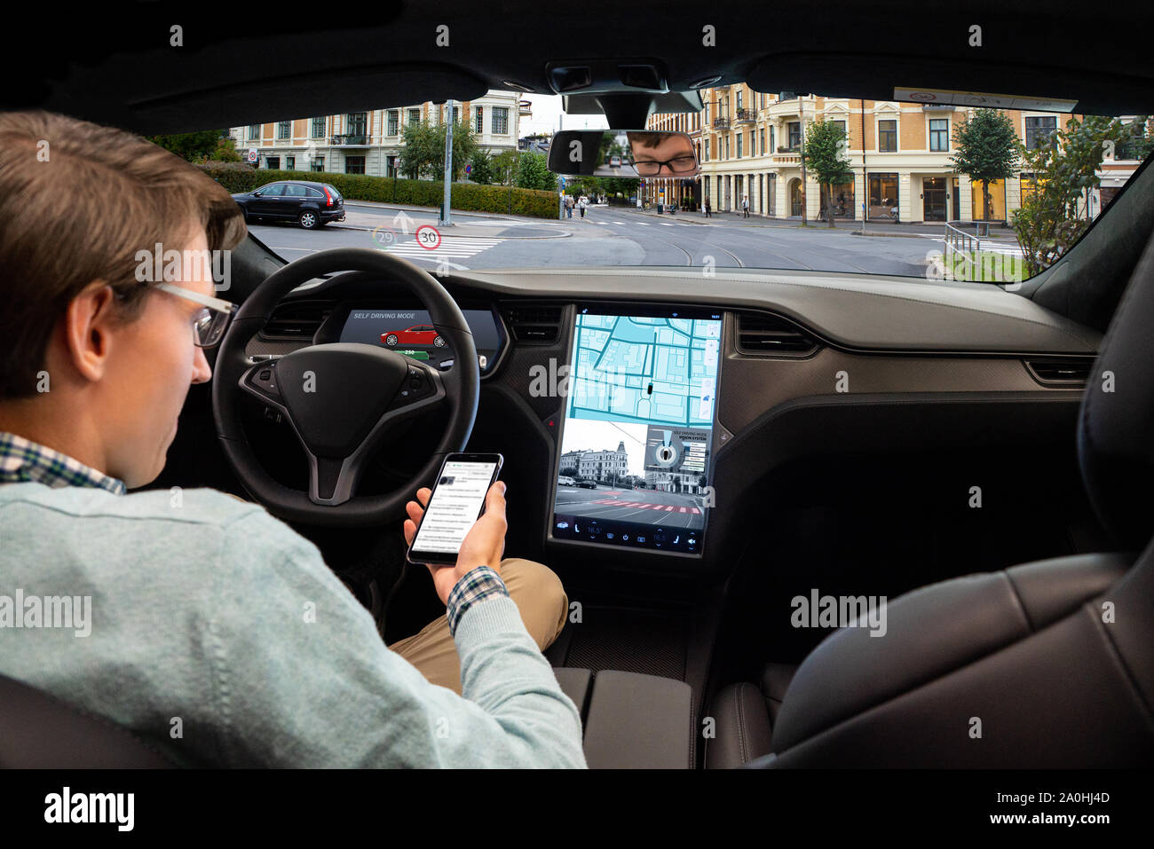 Self driving car on a road. Autonomous vehicle. Inside view Stock Photo ...