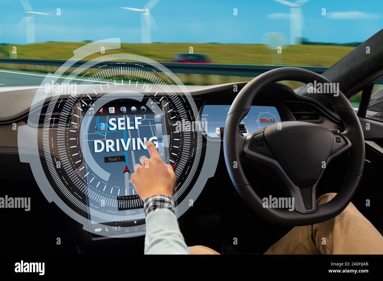 Self driving car on a road. Autonomous vehicle. Inside view Stock Photo ...