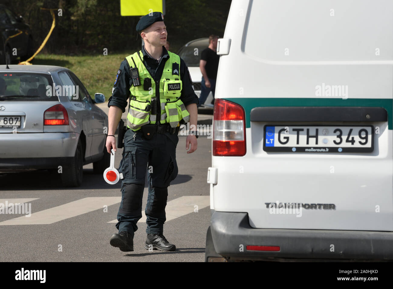 Vilnius, Lithuania - April 25: Police officer in street of Vilnius city ...