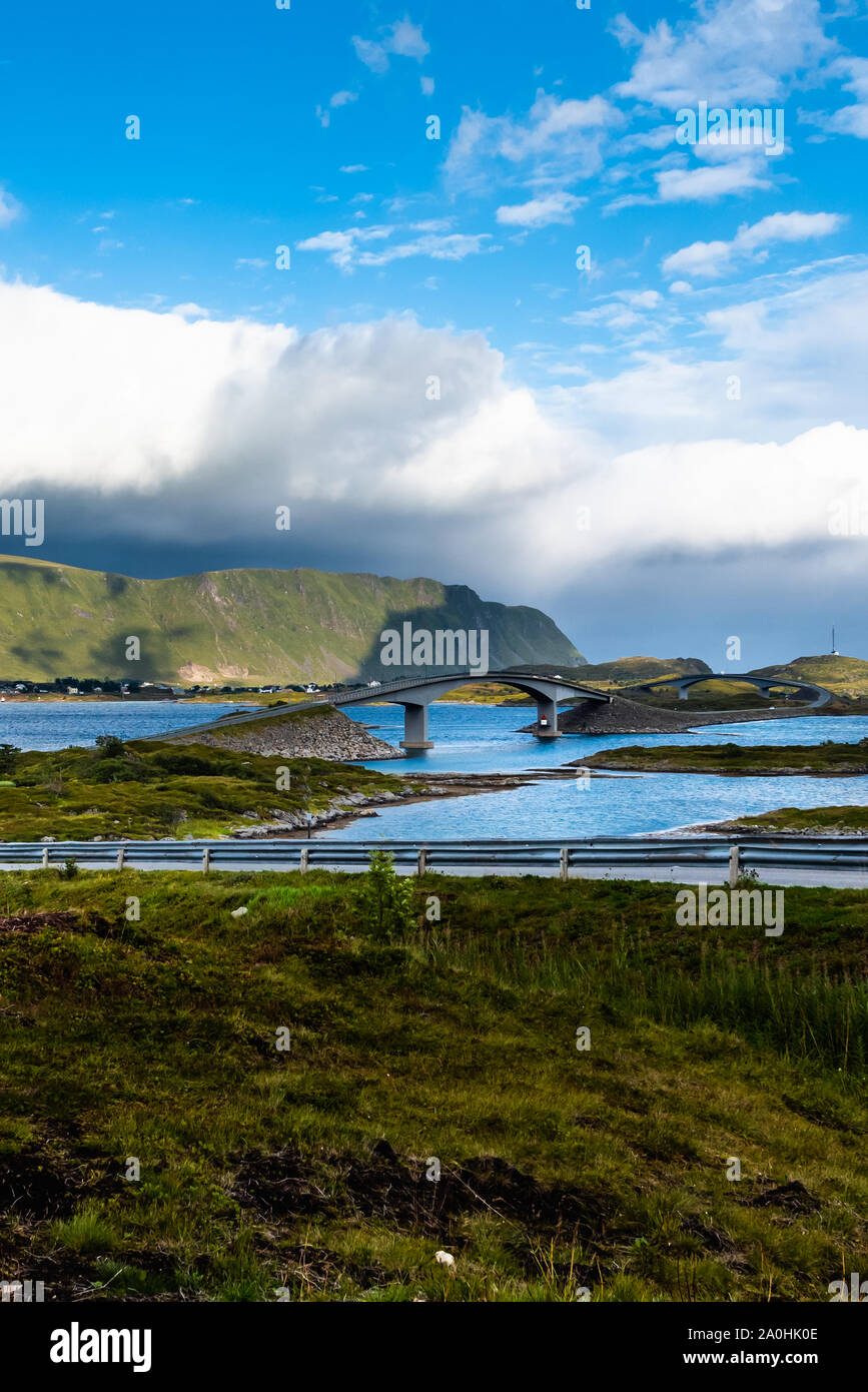 Landscape panoramic view to Fredvang bridge, Torvoya and buoya islands ...