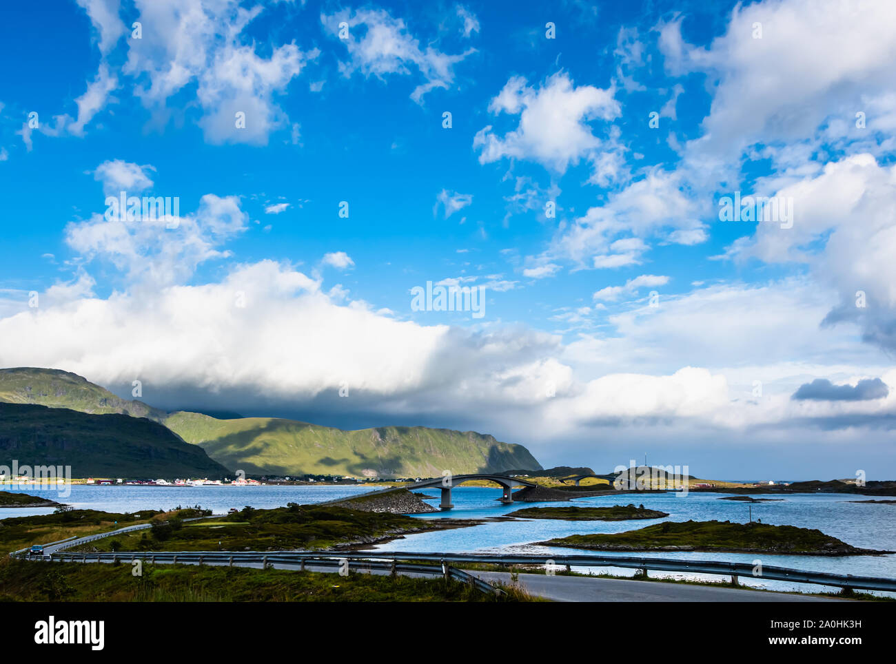 Landscape panoramic view to Fredvang bridge, Torvoya and buoya islands ...