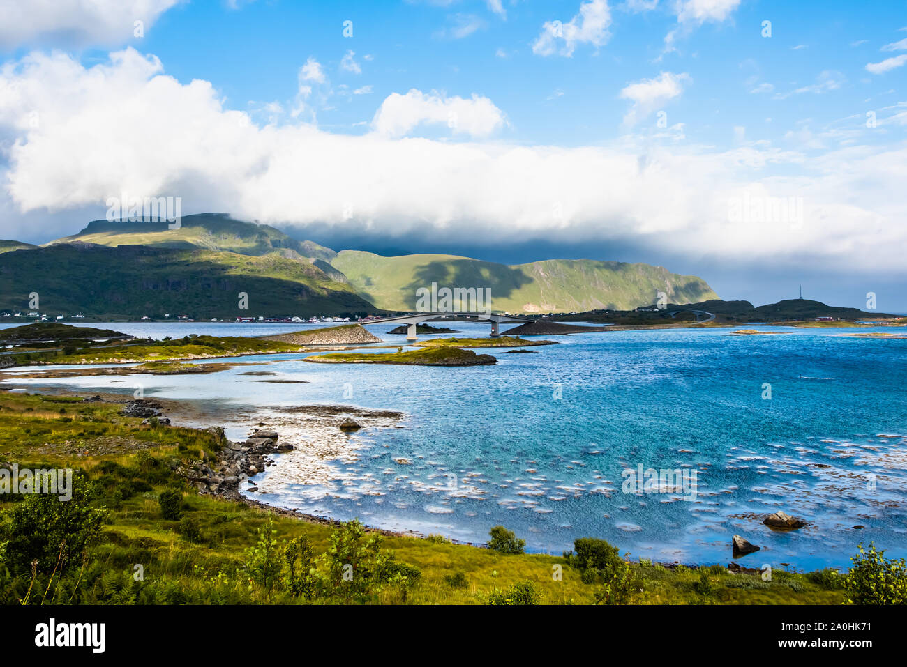 Landscape panoramic view to Fredvang bridge, Torvoya and buoya islands ...
