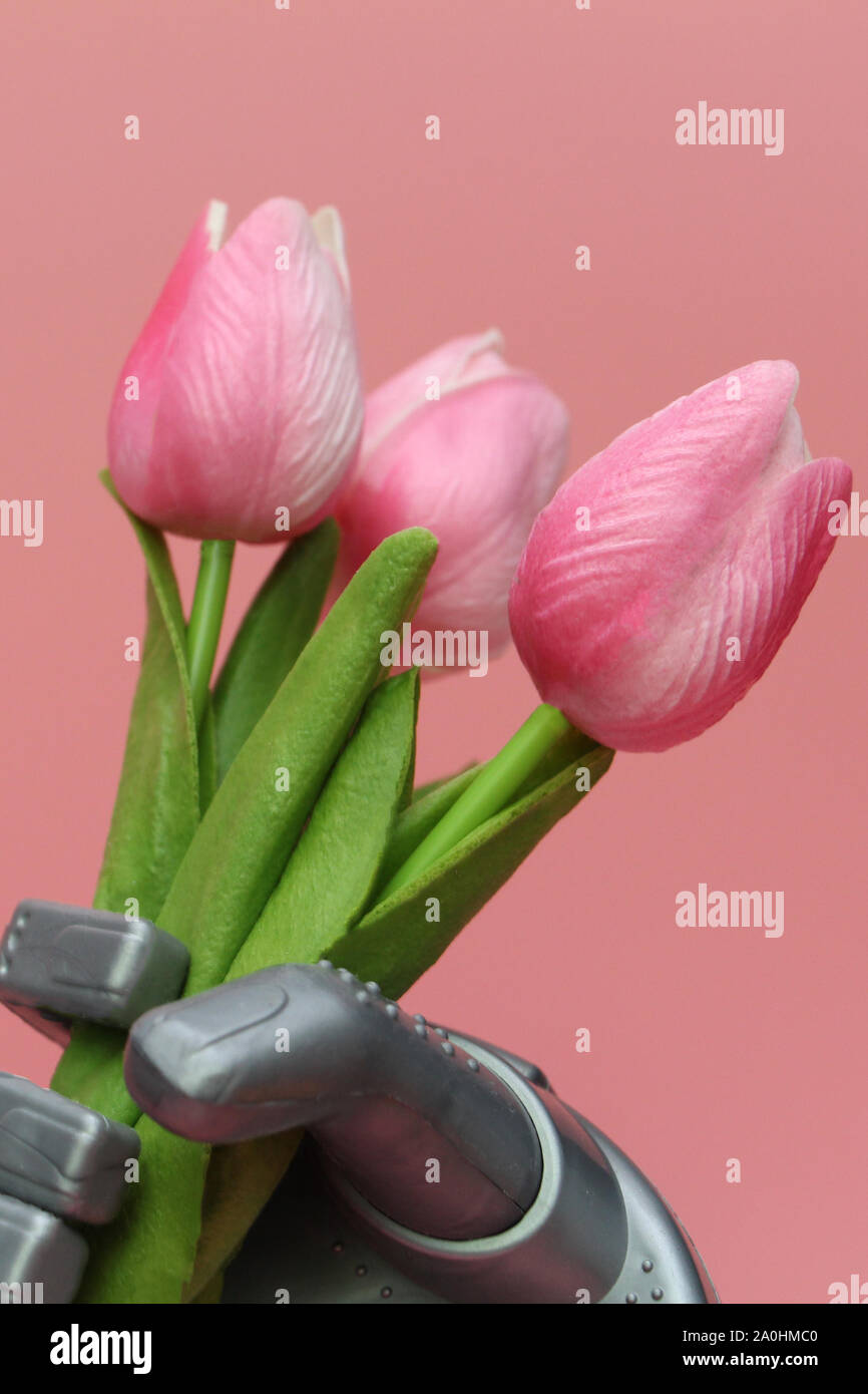 The robot gives flowers. The robots hand holds three tulips. March 8 ...