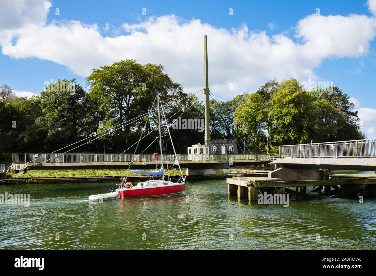 Swing Bridge across Afon Seiont River open to let a yacht sail through ...