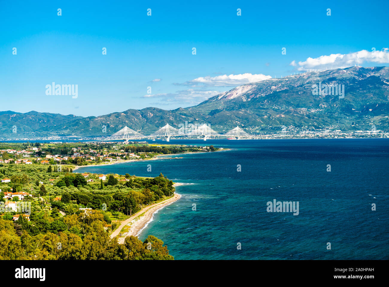 Rio-Antirrio bridge across the Gulf of Corinth in Greece Stock Photo ...