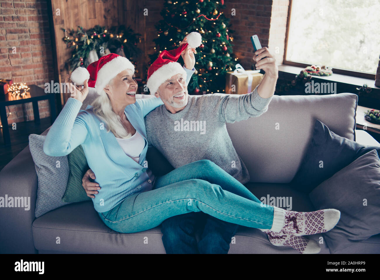 Two people cheerful glad funny funky positive grey-haired marrie Stock ...