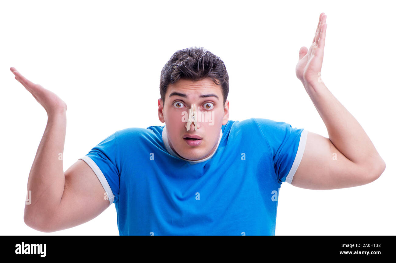 Man sweating excessively smelling bad isolated on white background ...
