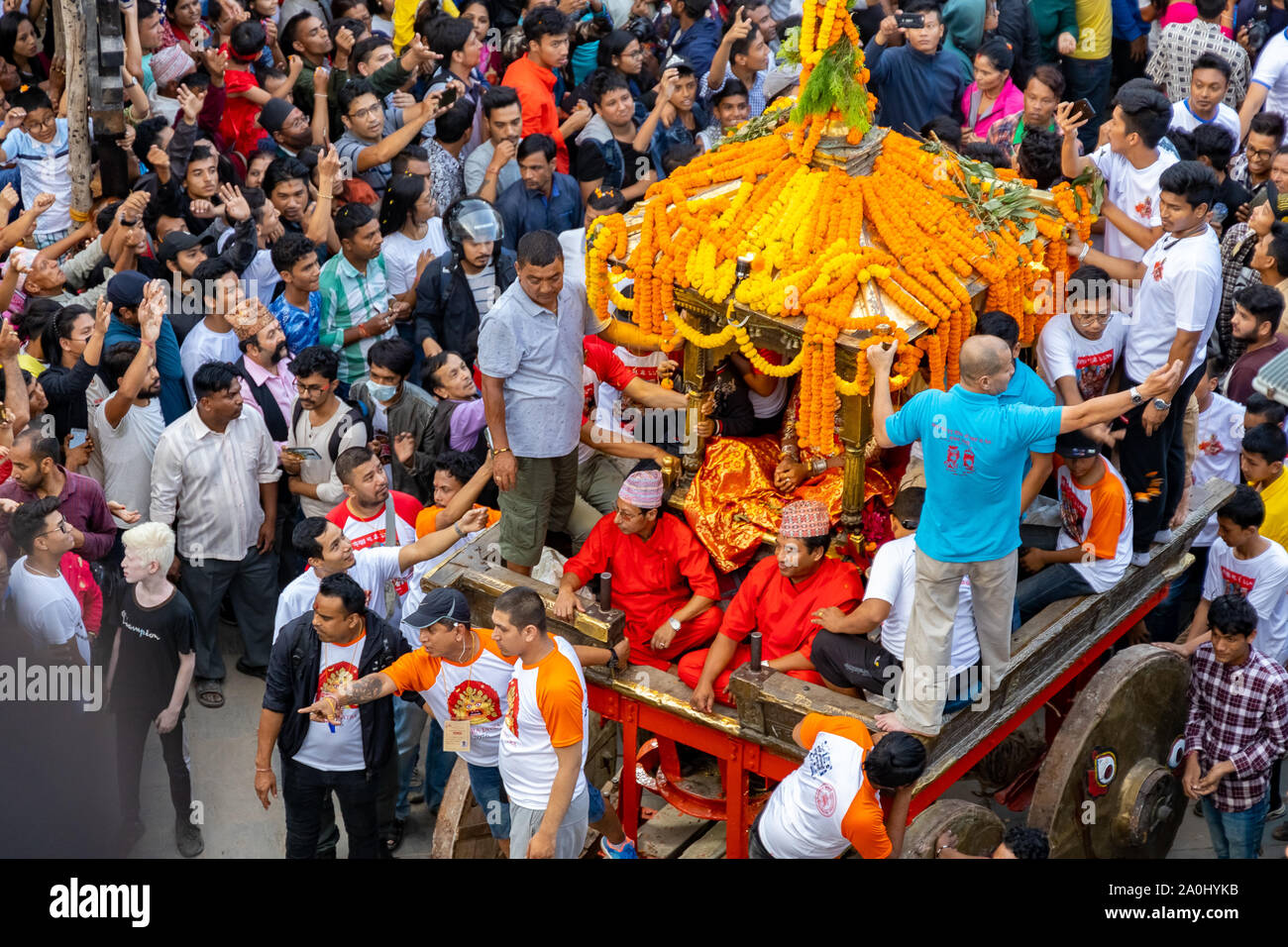 People pulling chariot of Kumari Goddess during Indra Jatra Festival in ...