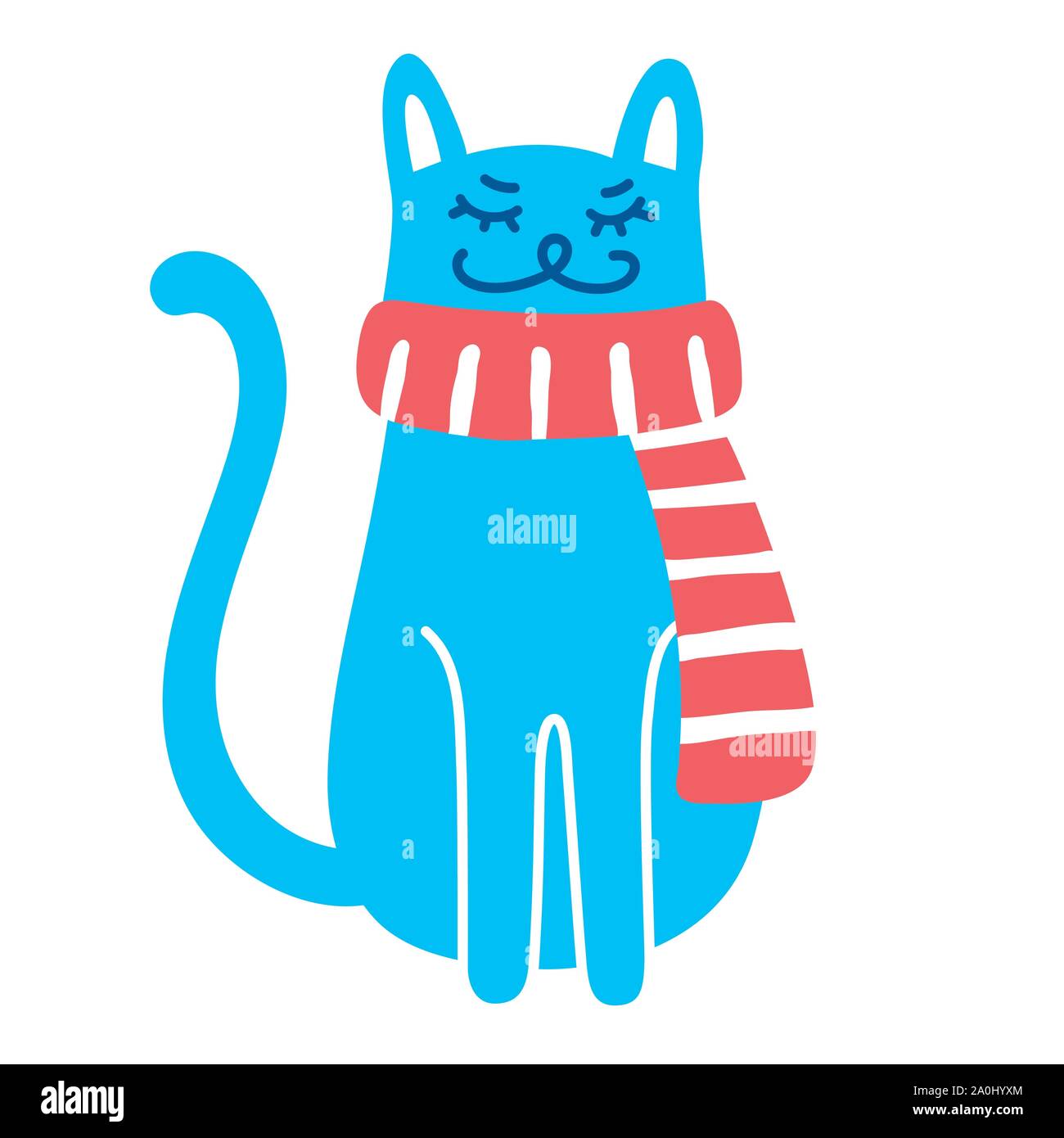 Happy blue cat in a red striped scarf on a white background, vector ...