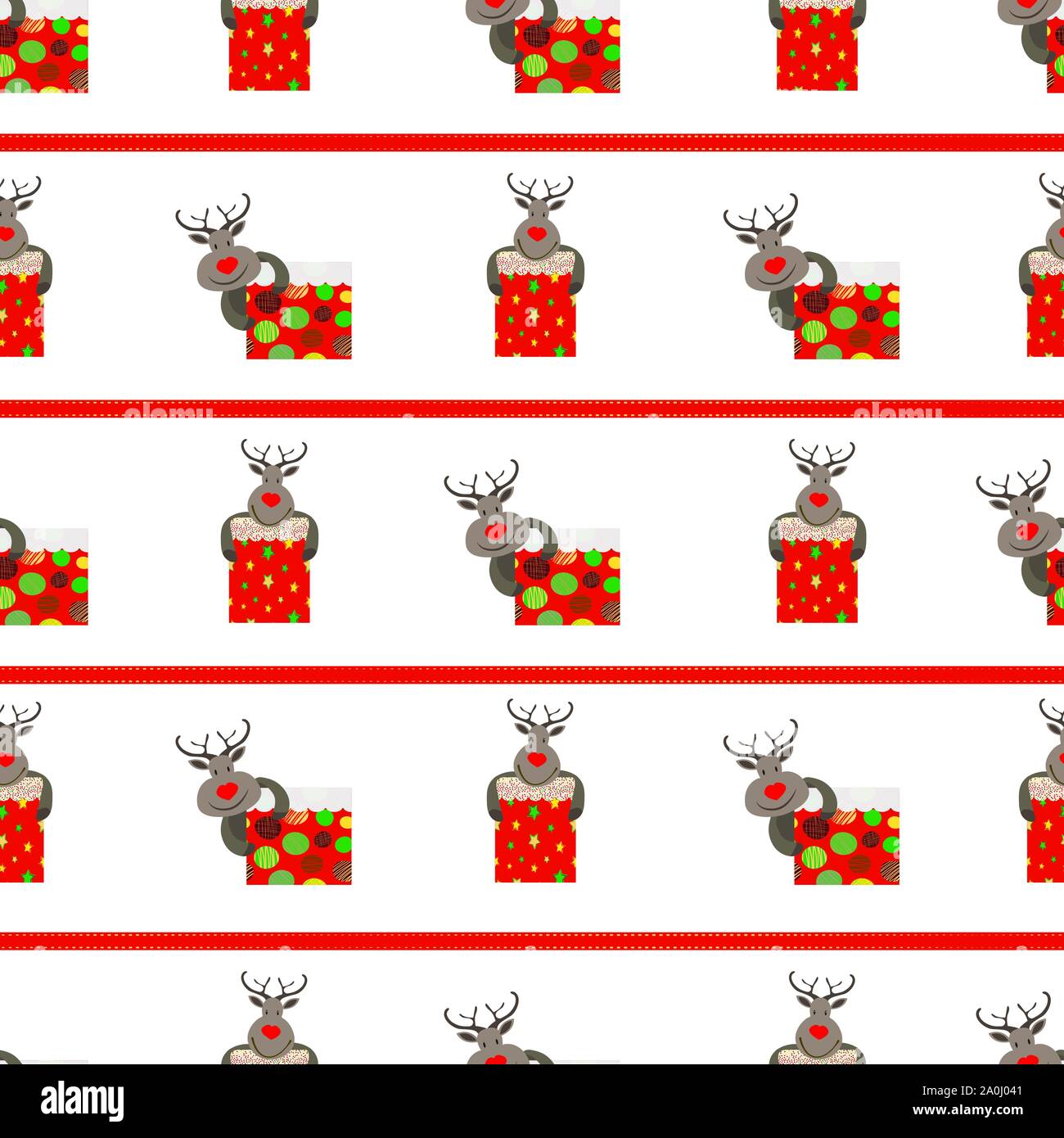 Cute rednosed reindeer hugging a variety of presents with horizontal ...