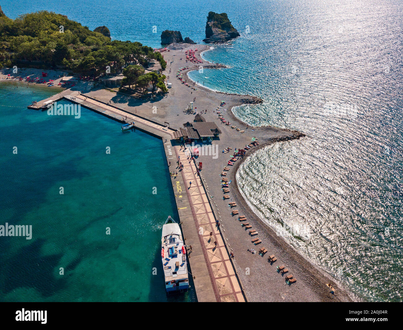Aerial view of Sveti Nikola, Budva island, Montenegro. Hawaii beach ...