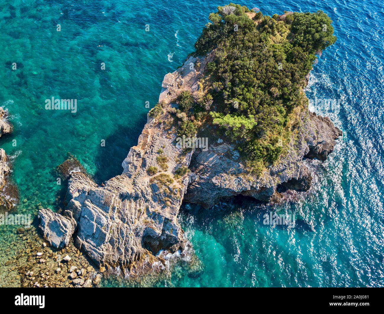 Aerial view of Sveti Nikola, Budva island, Montenegro. Hawaii beach ...