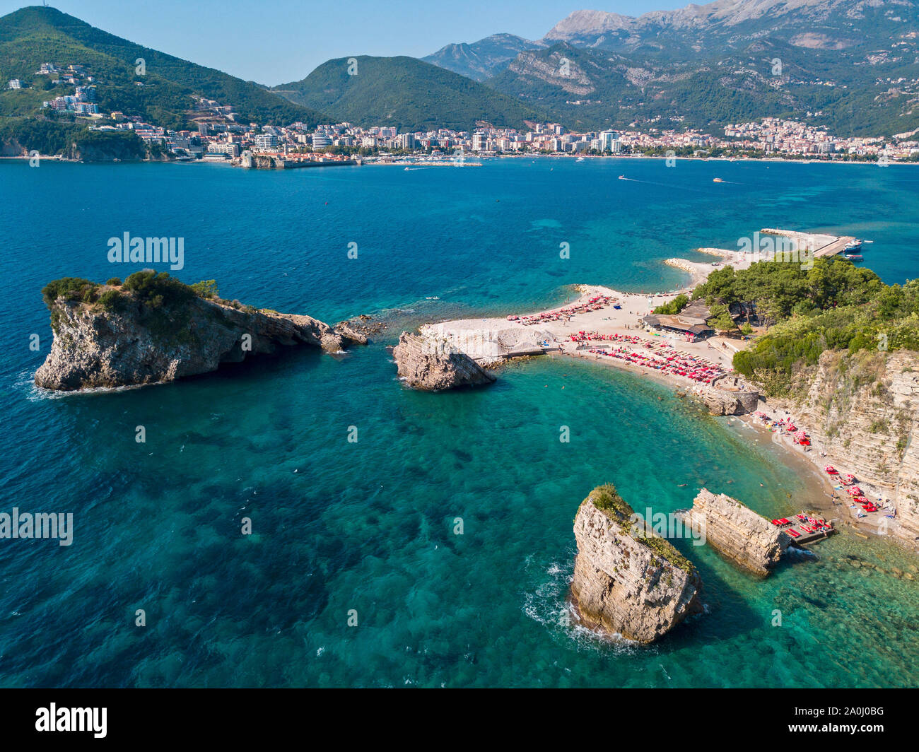 Aerial view of Sveti Nikola, Budva island, Montenegro. Hawaii beach ...