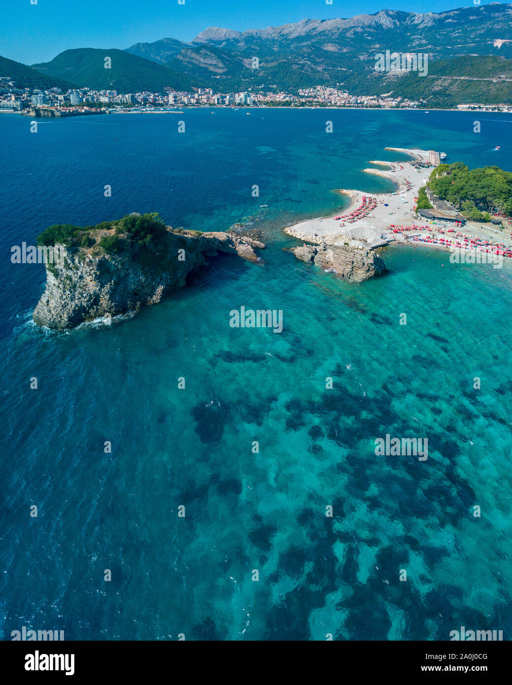 Aerial view of Sveti Nikola, Budva island, Montenegro. Hawaii beach ...