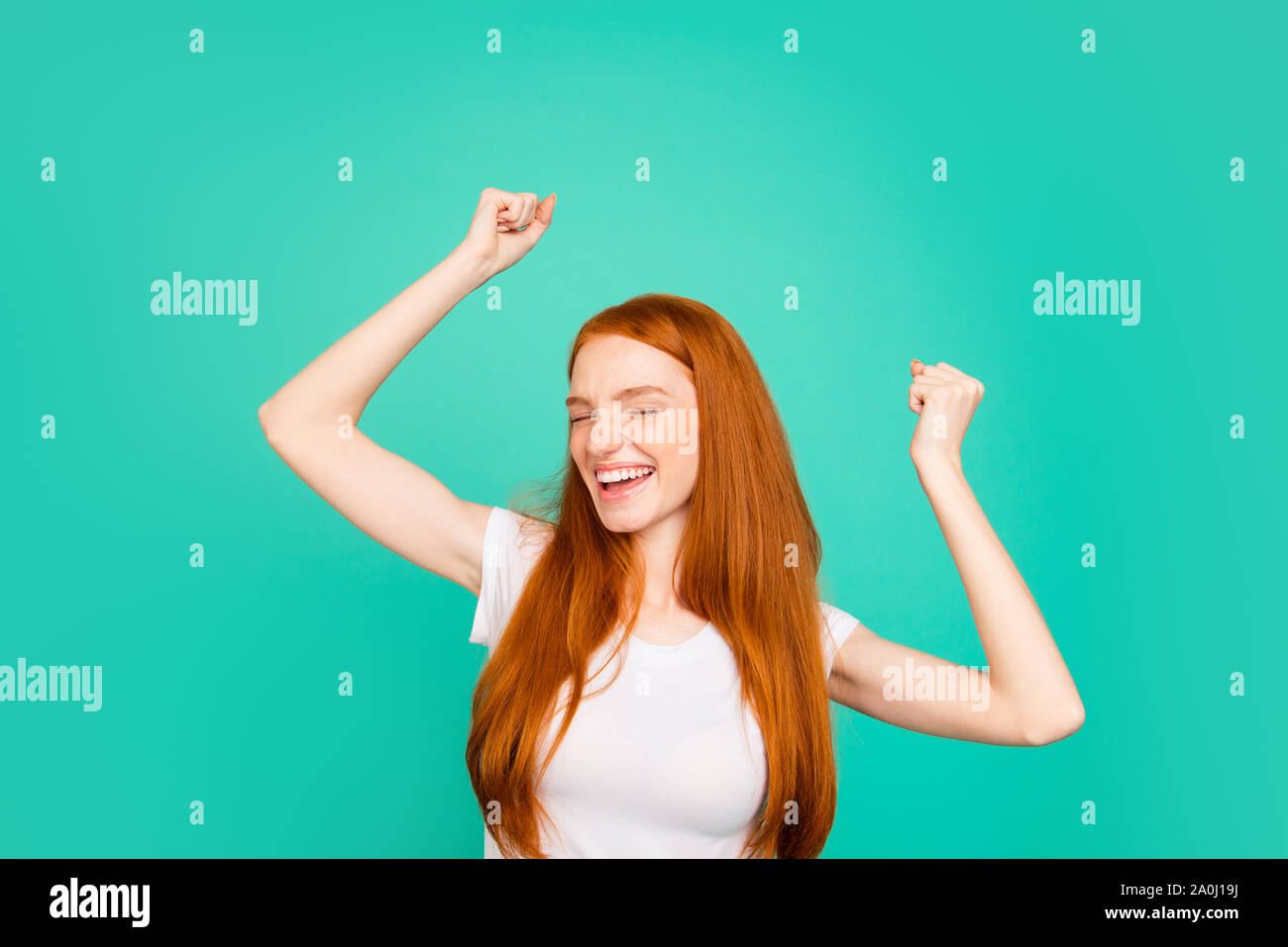 Win, winner concept. Portrait of lady with closed eyes isolated Stock ...